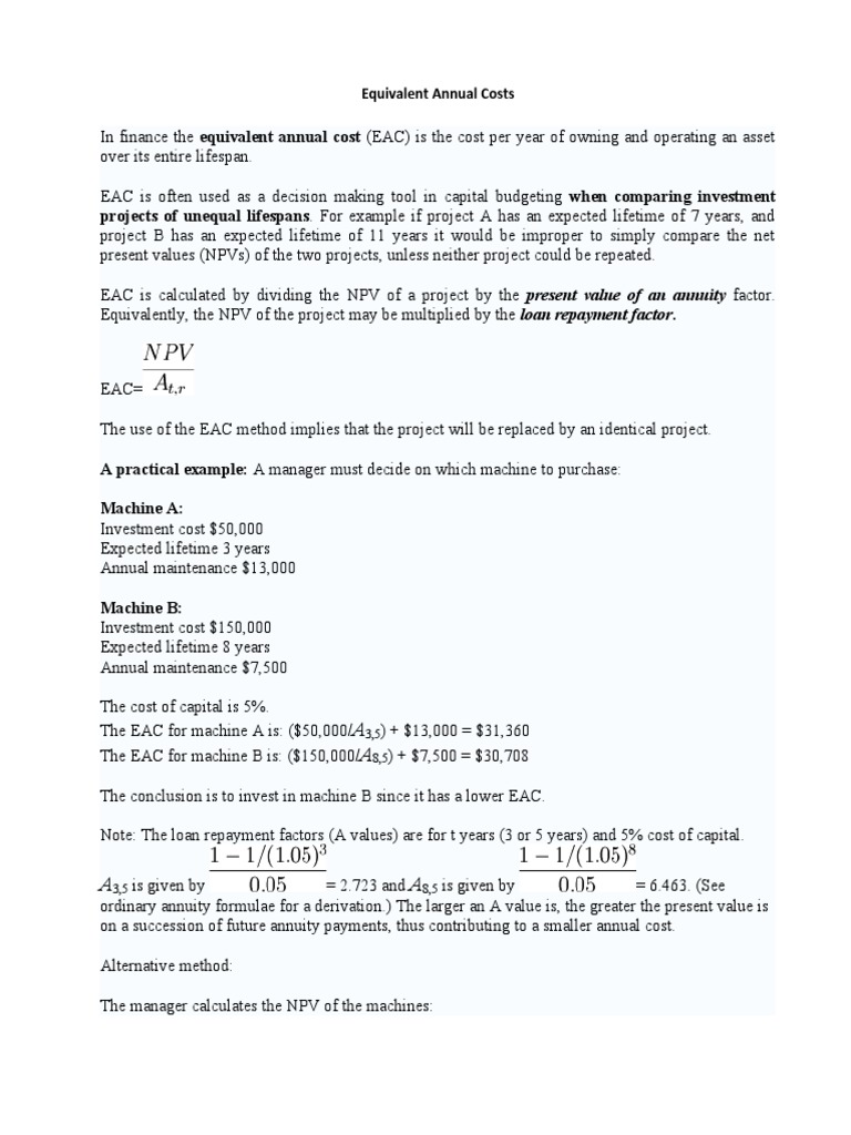 Equivalent Annual Costs | PDF | Net Present Value | Money