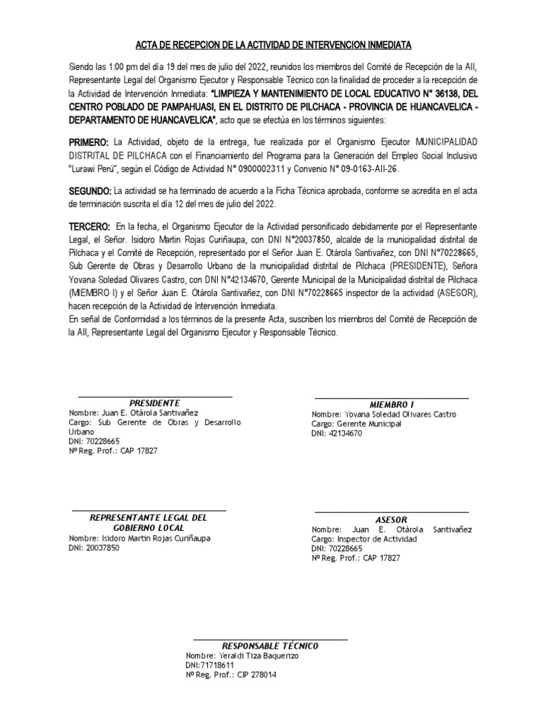ACTA DE RECEPCION DE LA ACTIVIDAD DE INTERVENCION INMEDIATA.... Ok ...