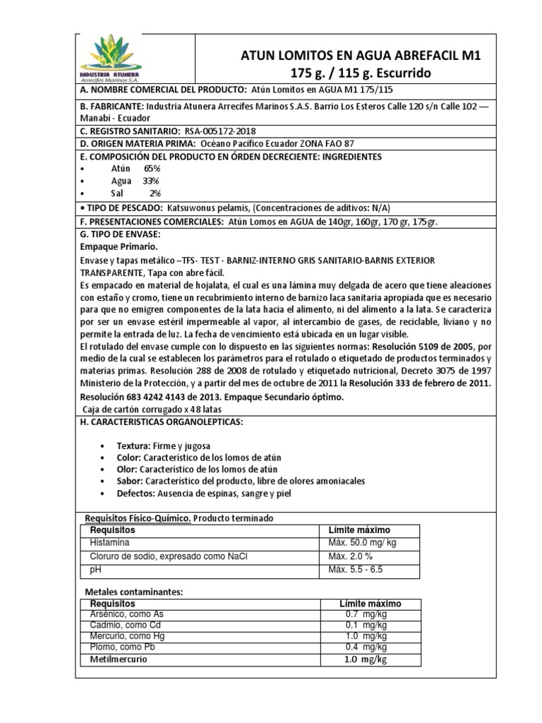 Ficha Tecnica Atun - Industria Atunera Arrecifes Marinos (M1) | PDF ...
