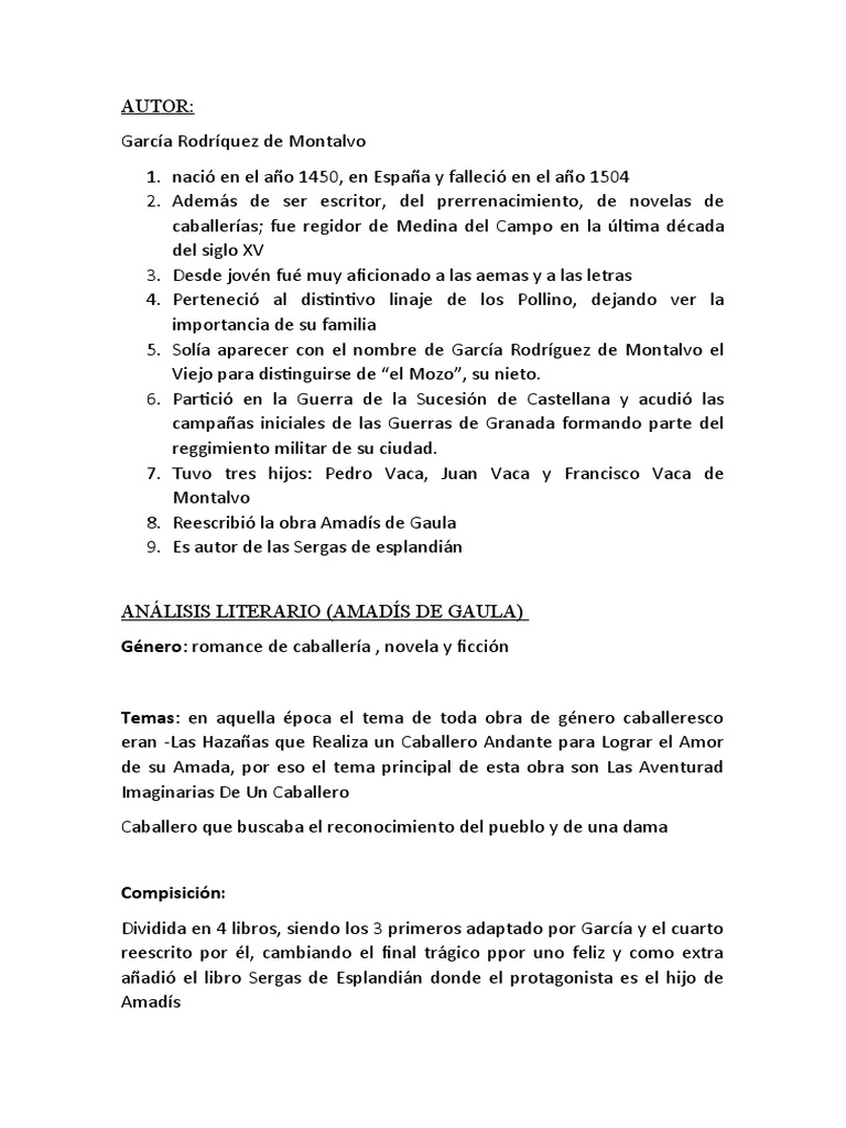 Amadís de Gaula Autor y Análisis Literario | PDF | Novelas