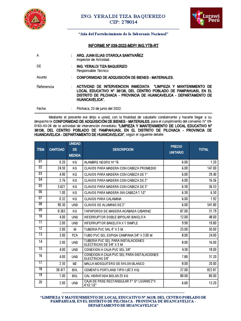 Informe N°039 y 040 Conformidades... Materiales... Ok | PDF | Procesos ...