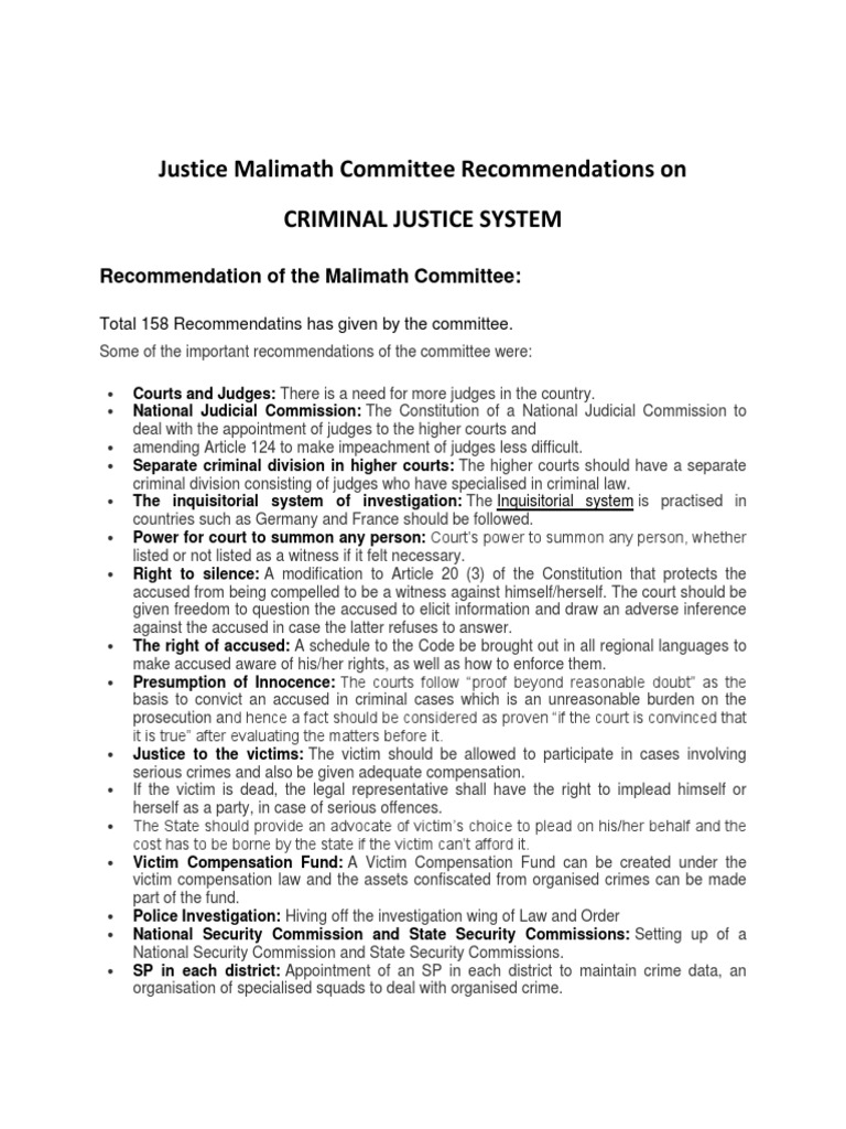 Malimath Committee's Criminal Justice Reforms | PDF | Evidence (Law ...