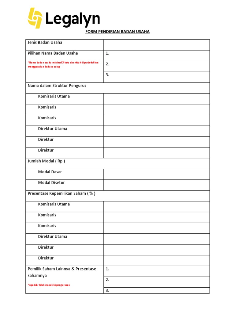 Formulir Pendirian Badan Usaha | PDF | Bisnis