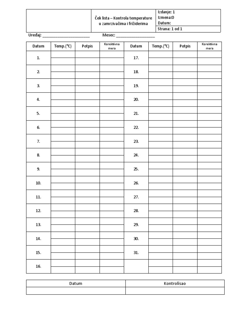 Cek Lista Kontrole Temperature U Zamrzivacima | PDF