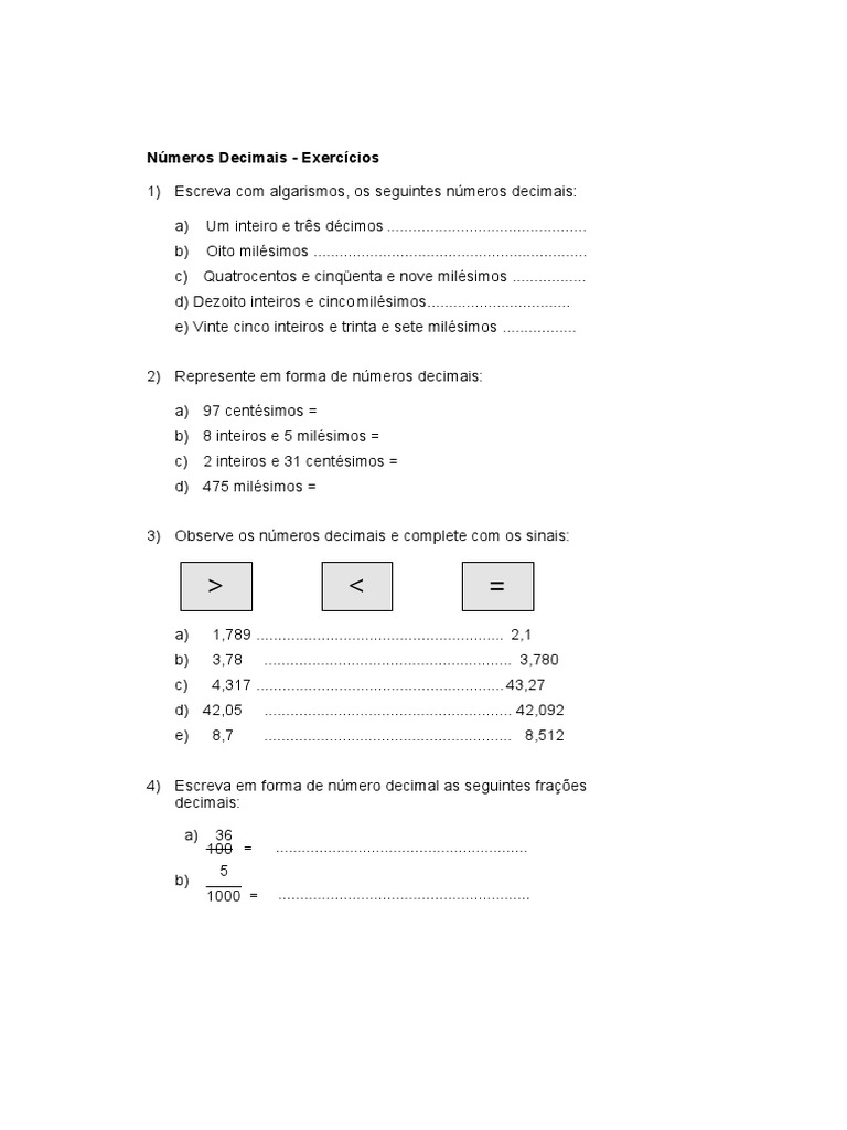 Exercicios Decimais | Download grátis PDF | Decimal | Notação