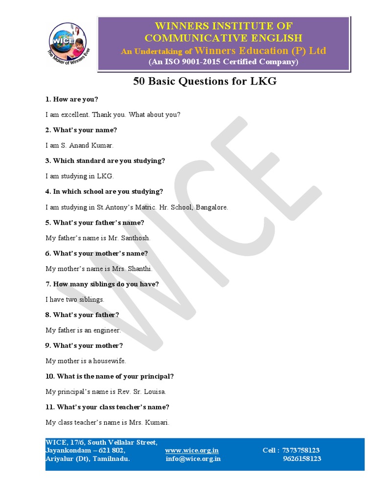 Basic Questions From LKG To II | PDF | Career & Growth