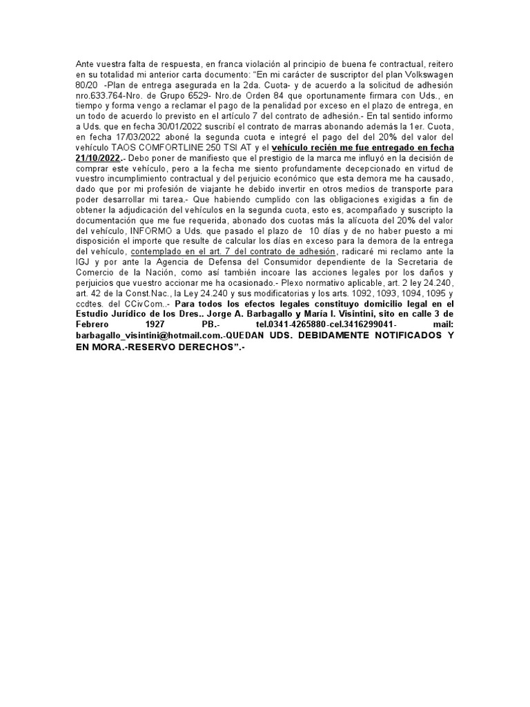 Carta Documento VOLKSWAGEN - CARLOS COLOMBO-REITERA | PDF