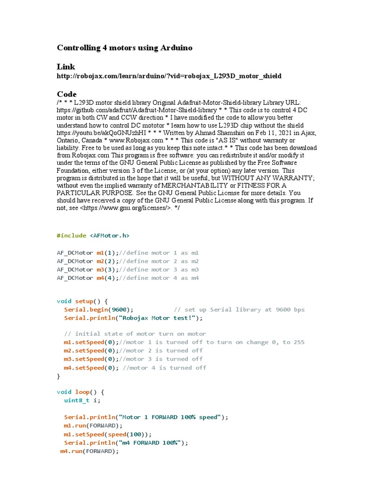 Controlling 4 Motors Using Arduino | PDF | Free Software | Gnu