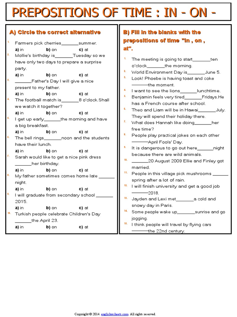Prepositions of Time in On at Esl Grammar Exercises Worksheet | PDF