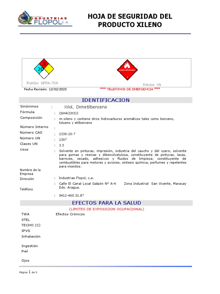 Hoja de Seguridad Flopol - Xileno | PDF | Agua | Combustión