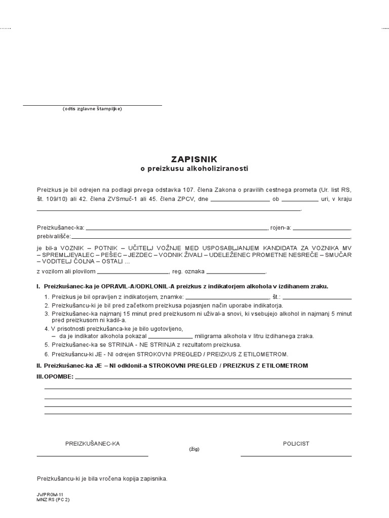Zapisnik o Preizkusu Alkoholiziranosti | PDF