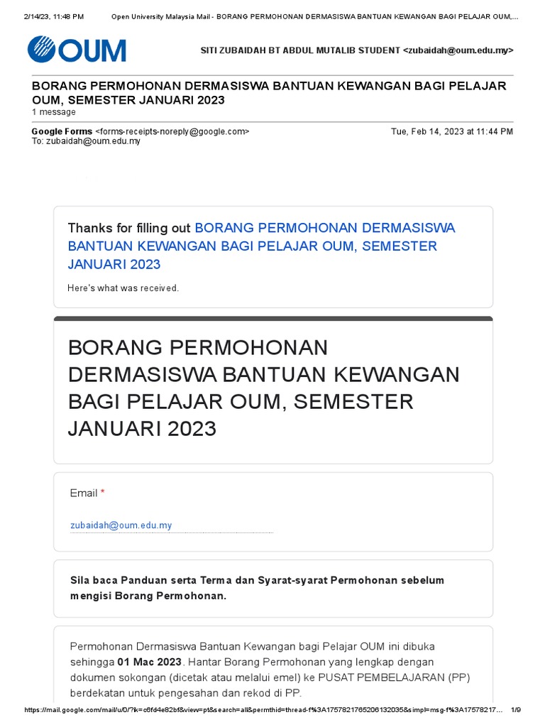Open University Malaysia Mail - Borang Permohonan Dermasiswa Bantuan Kewangan Bagi Pelajar Oum ...