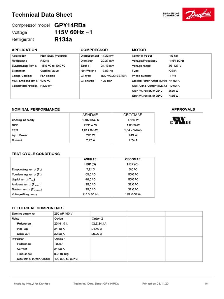 GPY14RDa Compressor Technical Data | PDF | Electrical Engineering | Electricity