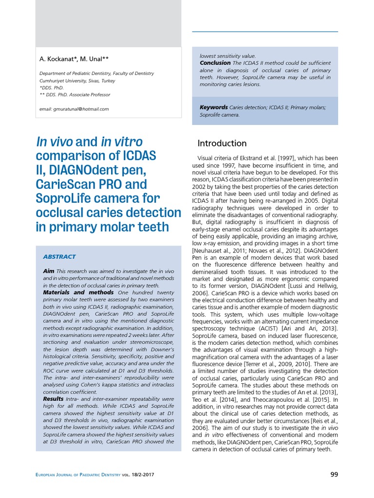 In Vivo and in Vitro Comparison of Icdas Ii, Diagnodent Pen, Cariescan ...