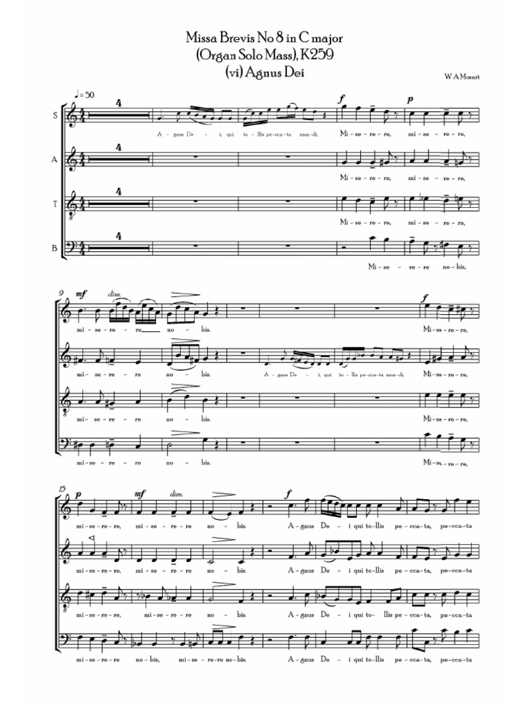 Agnus Dei - Missa Brevis in C Major KV 259 - Mozart | PDF