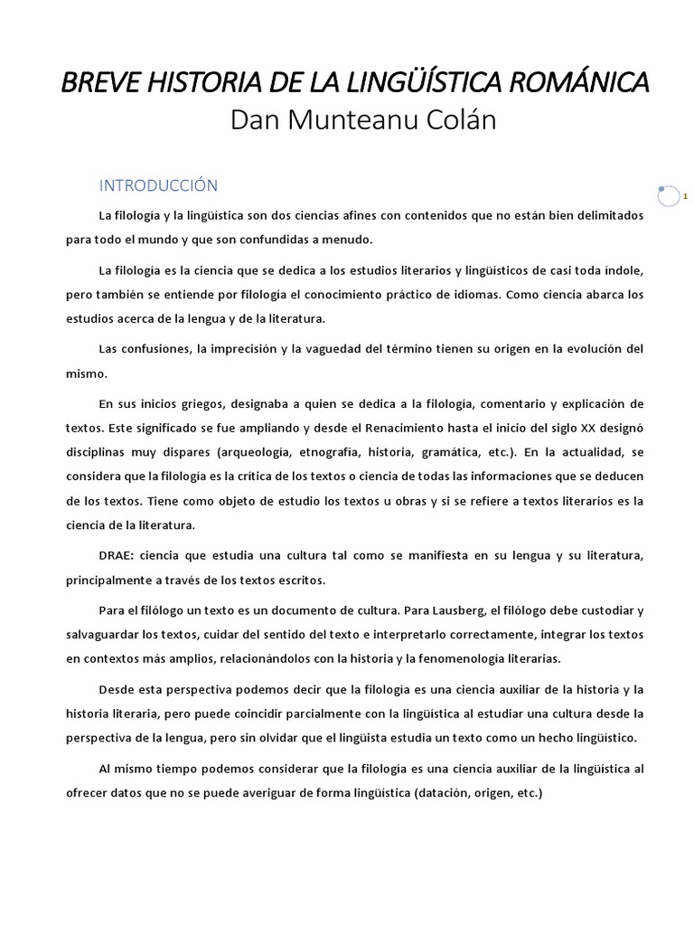 BREVE HISTORIA DE LA LINGÜÍSTICA ROMÁNICA Dan Munteanu Colán Resumen | PDF | Lingüística | Gramática