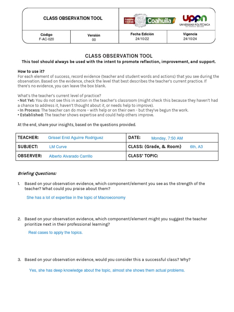 Class Observation Tool for Teachers | PDF | Learning | Teachers