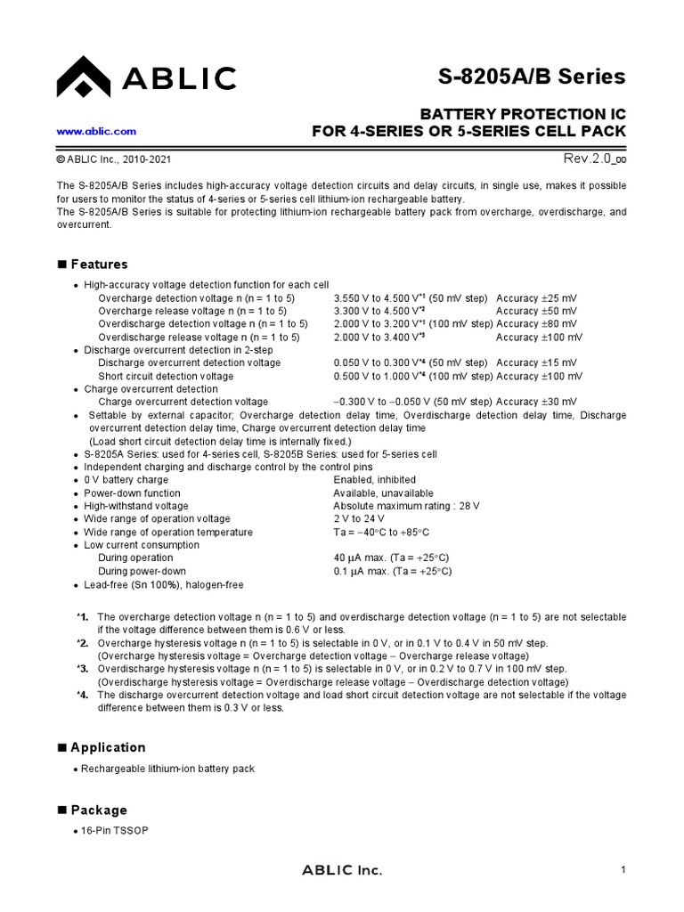 S-8205A/B Series: Battery Protection Ic For 4-Series or 5-Series Cell ...