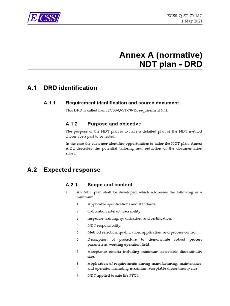 Ecss Q ST 70 15c (1may2021) Annex A (NDT Plan) | PDF | Nondestructive ...