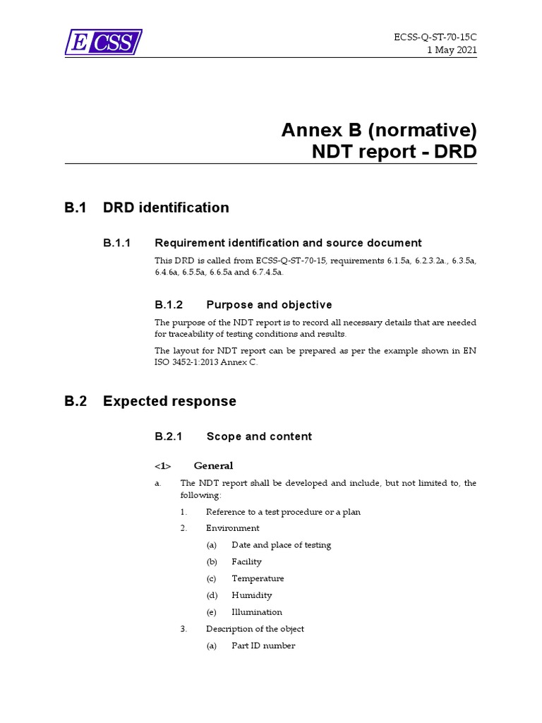 ECSS Q ST 70 15C (1may2021) Annex B (NDT Report) | PDF | Nondestructive ...