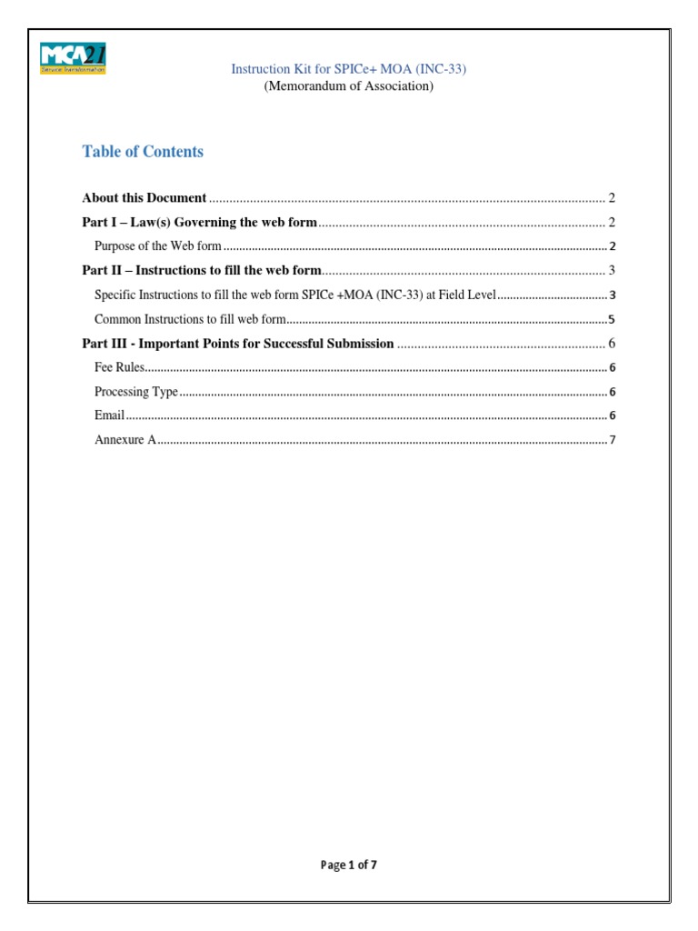 SPICe+ MOA Filing Instruction Kit | PDF | World Wide Web | Internet & Web