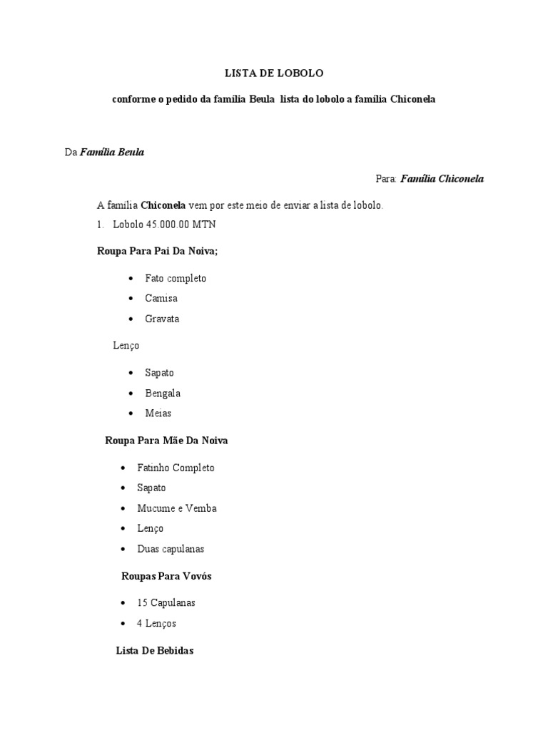 Lista de Lobolo para Família Chiconela | PDF | Gastronomia, comida e vinho