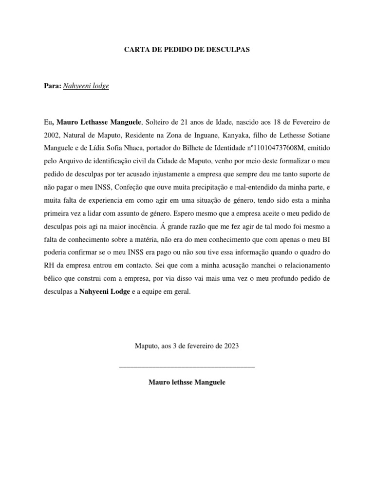 Carta de Pedido de Desculpas | PDF