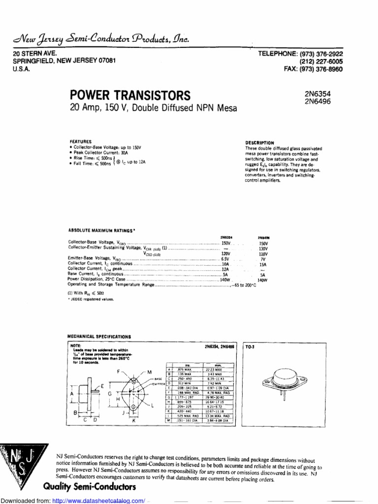Power Transistors: 20 Amp, 150 V, Double Diffused NPN Mesa | PDF ...