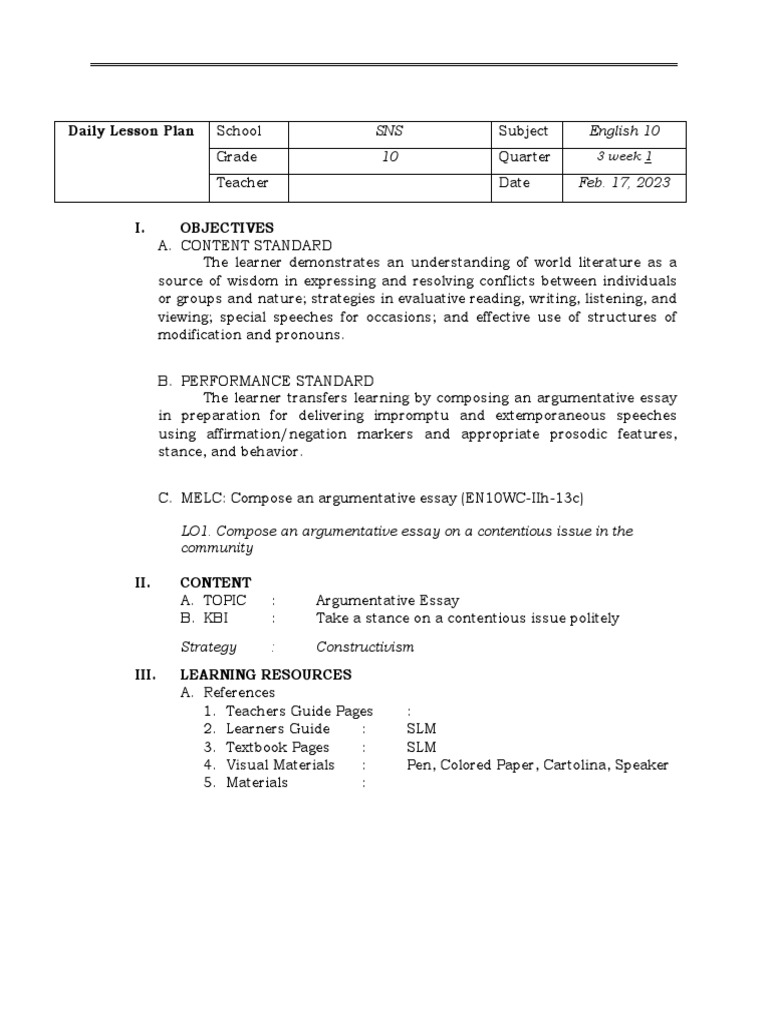 Quarter 3-LP-Eng10-Lesson5 | PDF | Essays | Learning