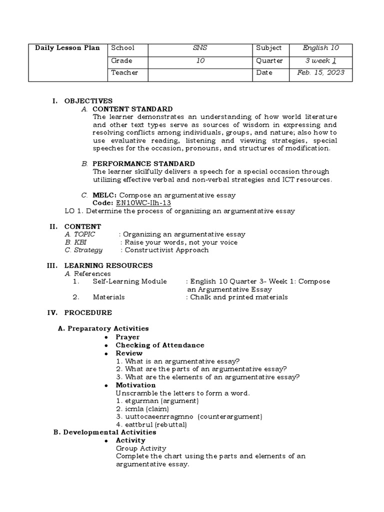 Quarter 3-LP-Eng10-Lesson3 | PDF | Essays | Lesson Plan