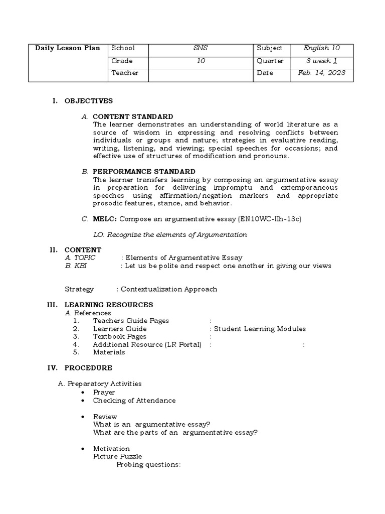 Quarter 3-LP-Eng10-Lesson2 | PDF | Argument | Essays
