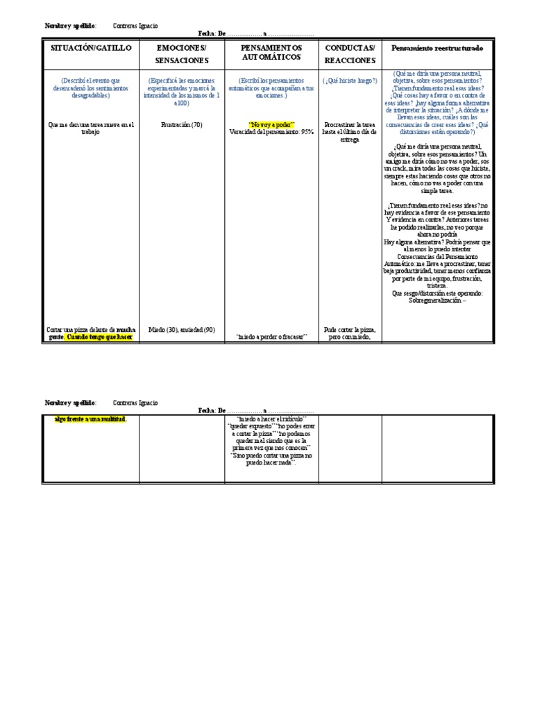 Registro De Pensamientos Automáticos Y Reestructuración Cognitiva Pdf