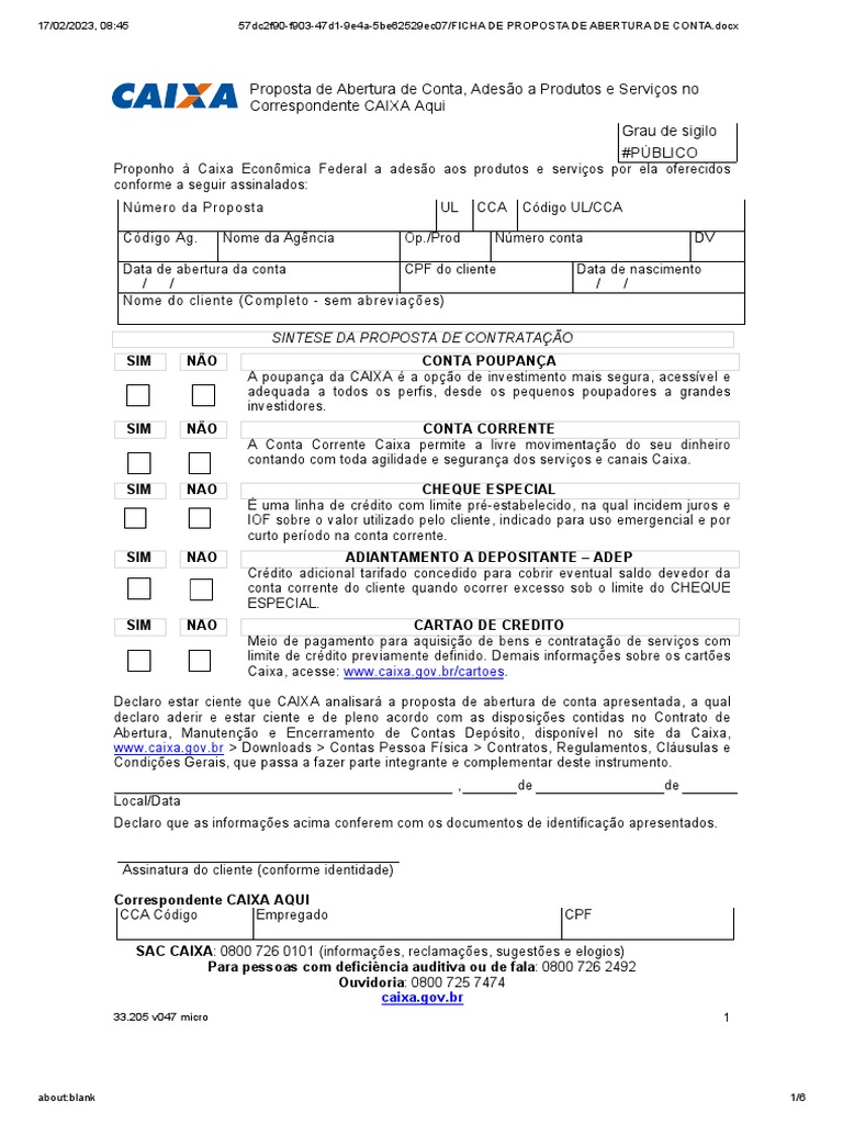 Ficha de Proposta de Abertura de Conta | PDF | Conta de transação | Crédito
