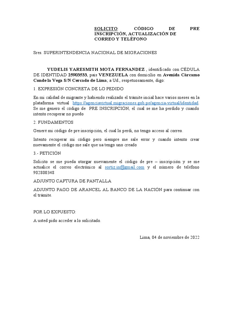 Solicitud Código de Pre Inscripción | PDF