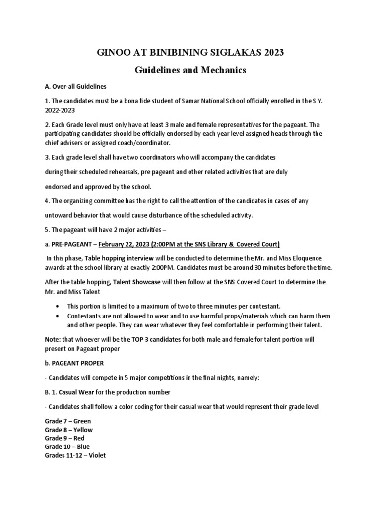 Pageant Guidelines and Mechanics | PDF | Clothing | Dress Codes