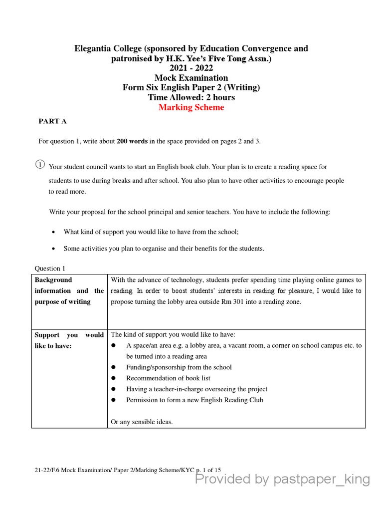 21-22 - F.6MockExamPaper2Writing (Marking Scheme) | PDF | Water | Poetry