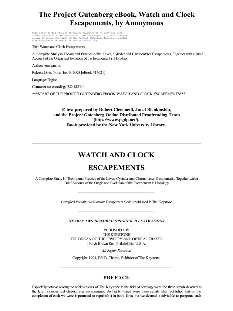 Watch and Clock Escapements by Anonymous | PDF | Project Gutenberg ...