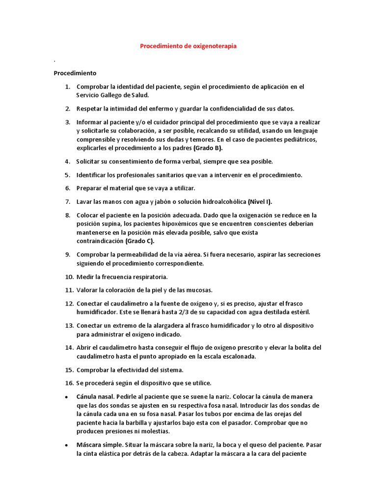 Procedimiento de Oxigenoterapia | PDF | Sistema respiratorio ...