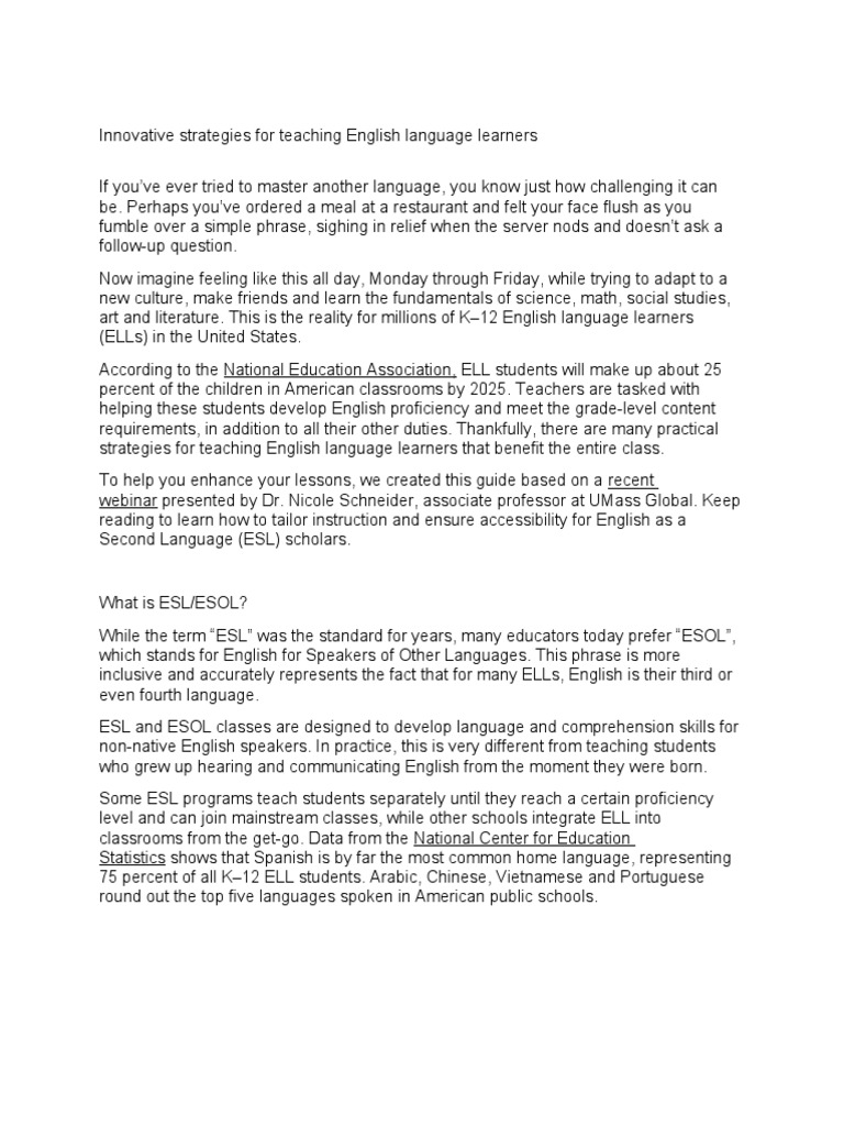 Strategies for Teaching ELLs Effectively | PDF | English As A Second Or ...