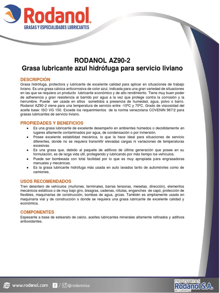 Grasa Lubricante Hidrófuga Rodanol | PDF | Lubricante | Materiales