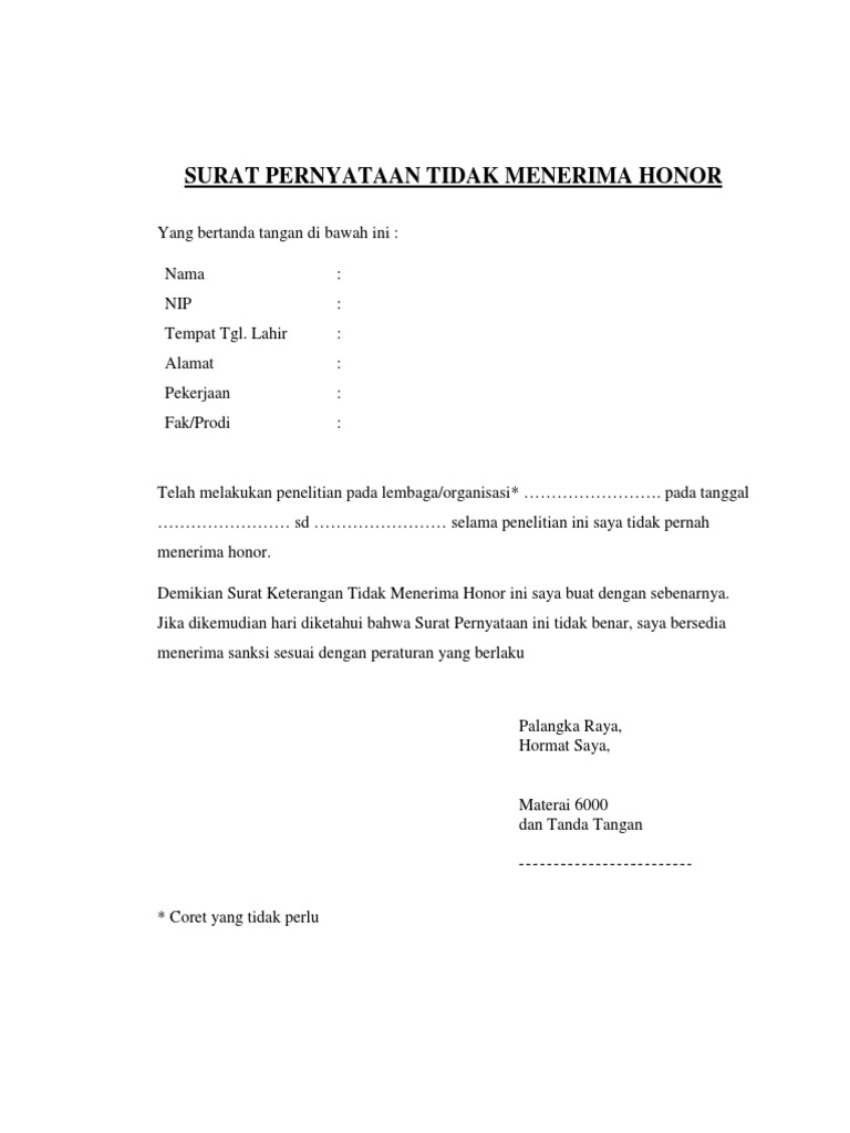 Surat Pernyataan Penelitian Tidak Menerima Honor | PDF