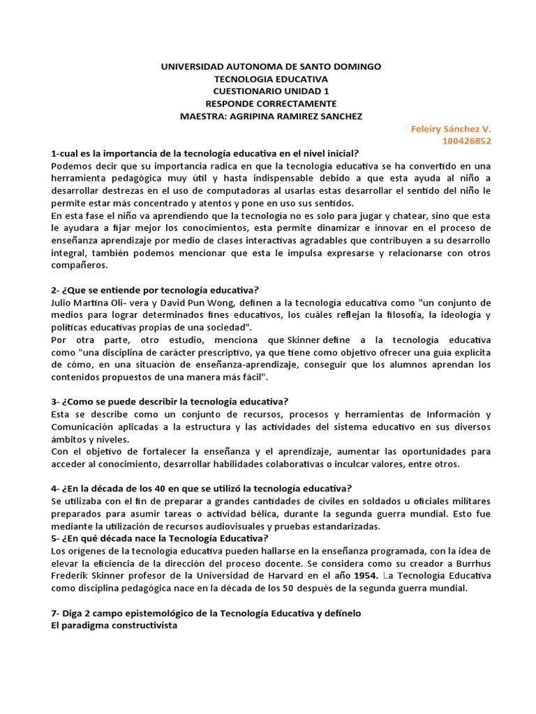 Cuestionario Tecnologia Educativa Unidad 1 | PDF | Tecnologia ...