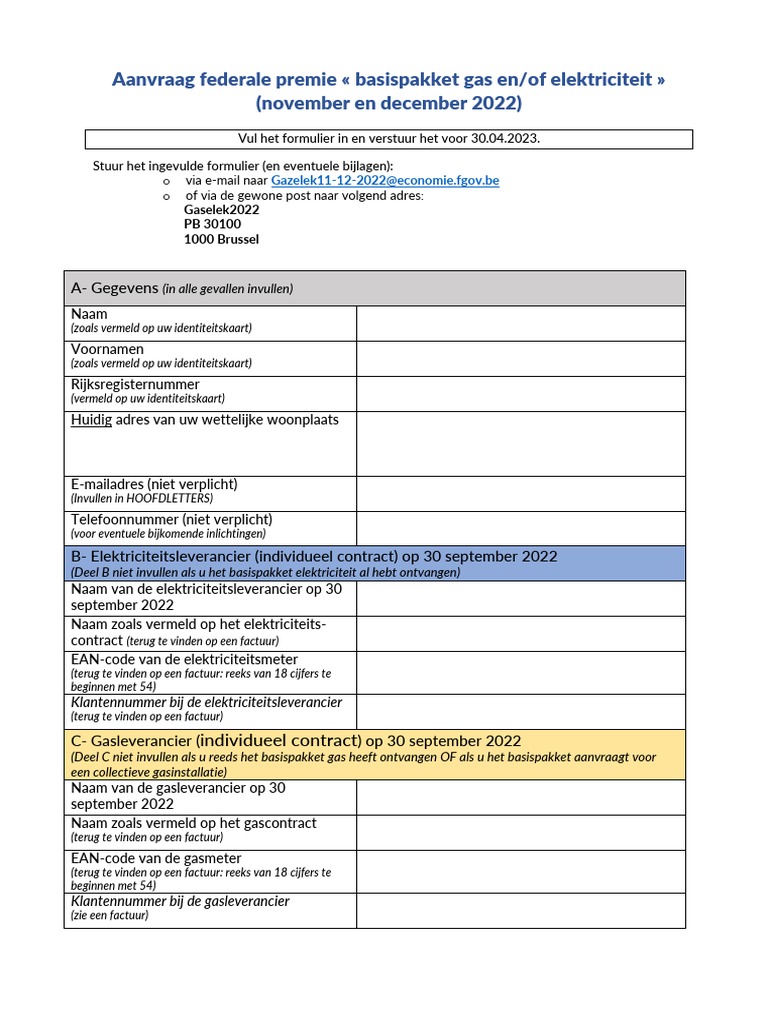 Aanvraag Premie Basispakket Gas Elektriciteit bp1 | PDF