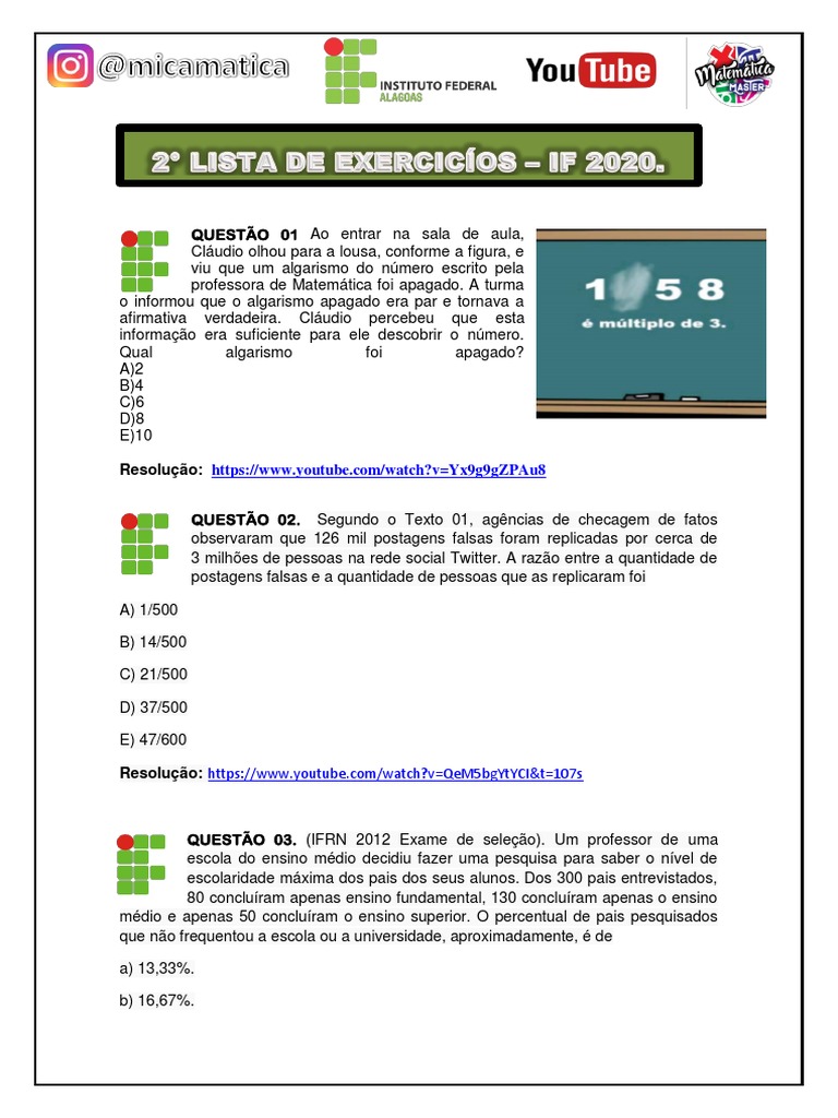 2° Lista de Exercicios de Matemática | PDF