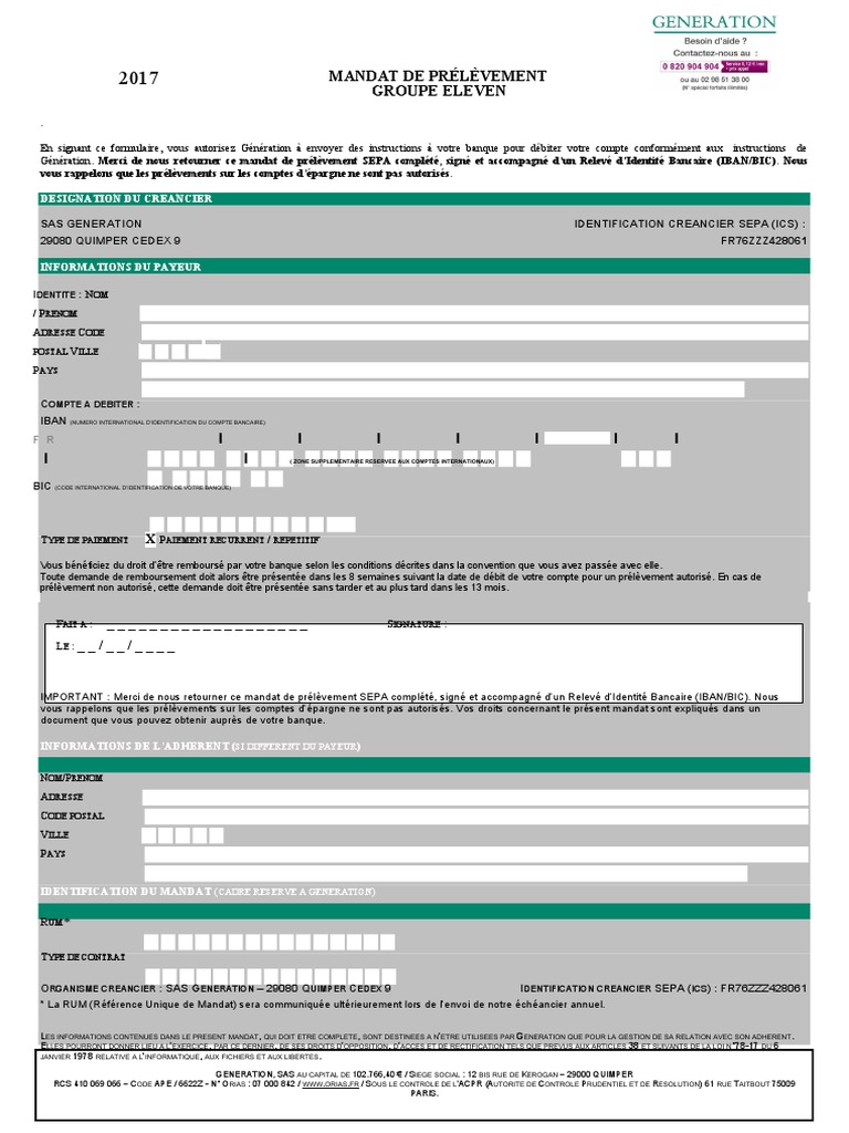 Groupe Eleven - Mutuelle GENERATION - Mandat de Prelevement Pour ...
