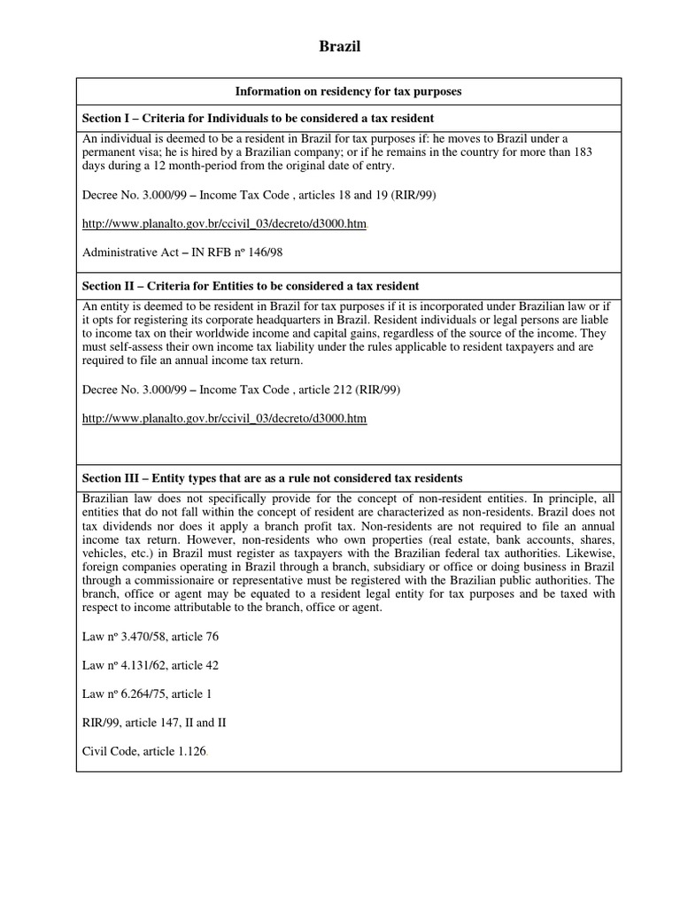 Brazil Tax Residency | Download Free PDF | Taxes | Income Tax