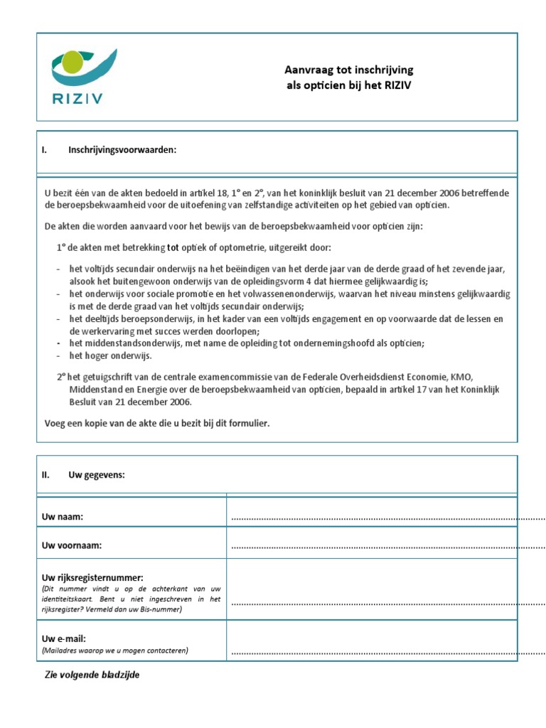 Formulier Opticien Inschrijving Riziv | PDF