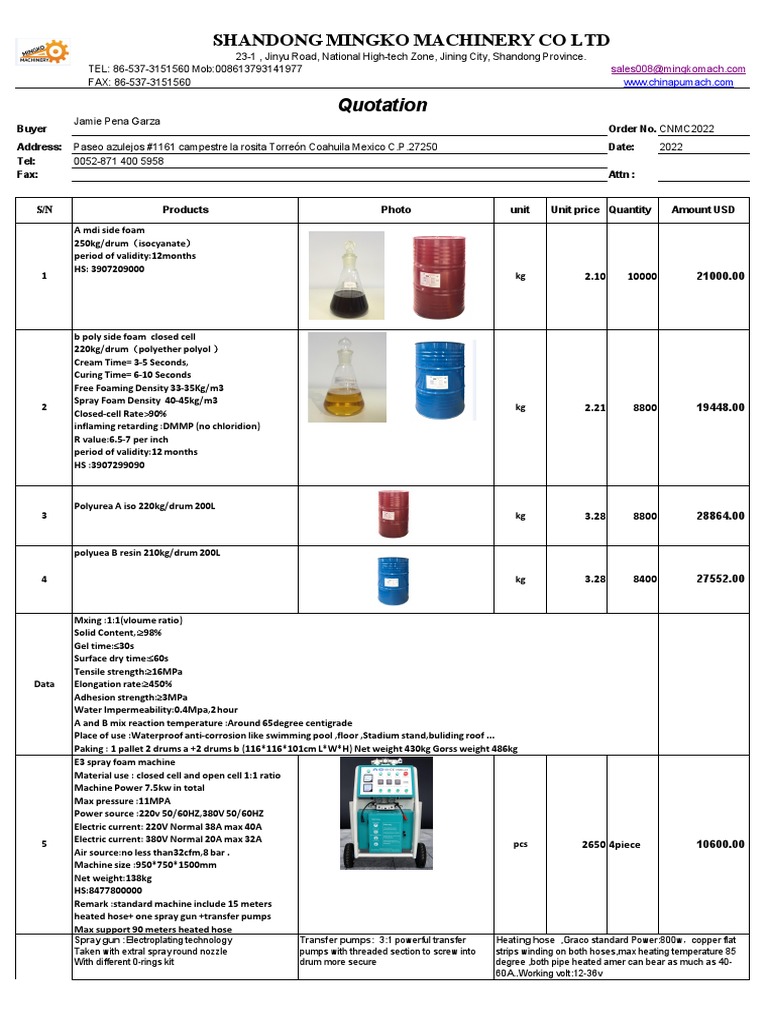 E3 Polyurethane Sprayer and Closed Cell Polyurethane Foam Polyurea Quotation-Mingko6 | PDF ...