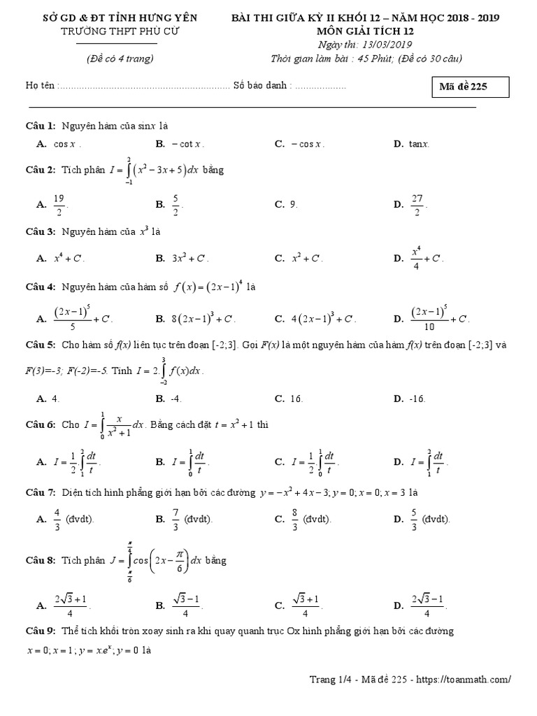 Bai Thi Giua Ky 2 Giai Tich 12 Nam 2018 2019 Truong THPT Phu Cu Hung Yen | PDF