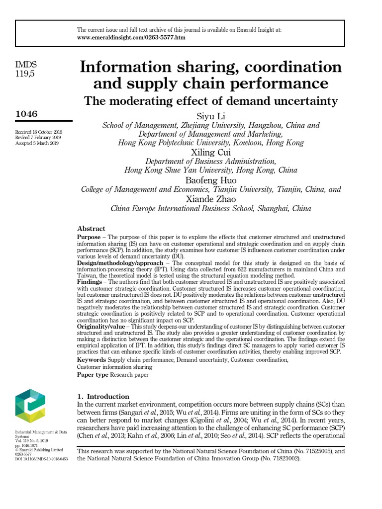 Information Sharing Coordination And Supply Chain Performance The